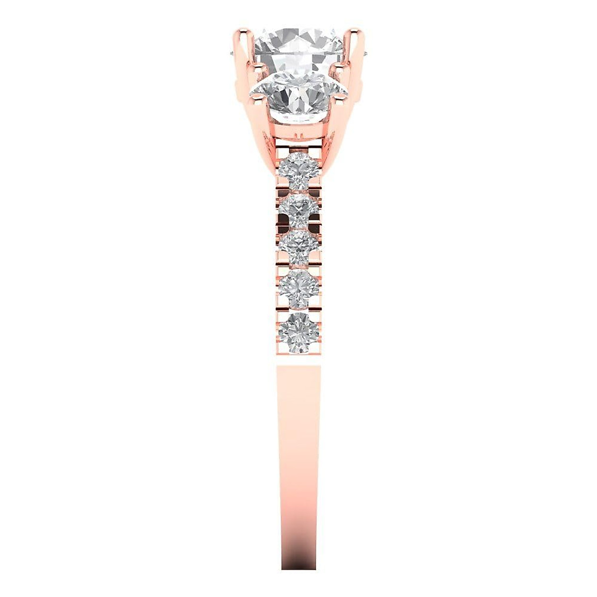 2.02 Ct Round Cut Clear Simulated Diamond 14K Rose Gold Solitaire with Accents 3 Stone Engagement Anniversary Ring Size 7