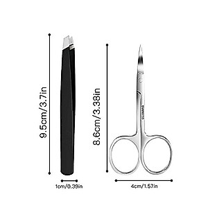 Ithyes Complete Tweezer Set 2 PCS Slant Tip Tweezer Stainless Steel Tweezers Eyebrow Trimmer Scissor for Shape Precision Ingrown Hair Nose Hair Blackhead Tick Remover,Black