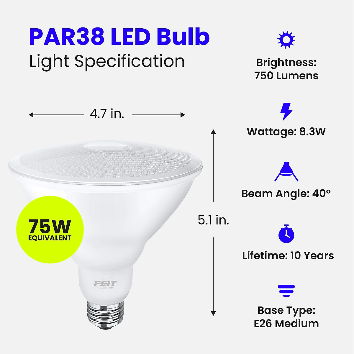 Feit Electric LED PAR38 Bulbs, 75W Equivalent, Non Dimmable, 3000k Bright White, 750 Lumens, 10 Year Lifetime, E26 Base, PAR38 Flood Lights, CRI 90, Damp Rated, 4 Pack, PAR38/930CA10K/MP/4
