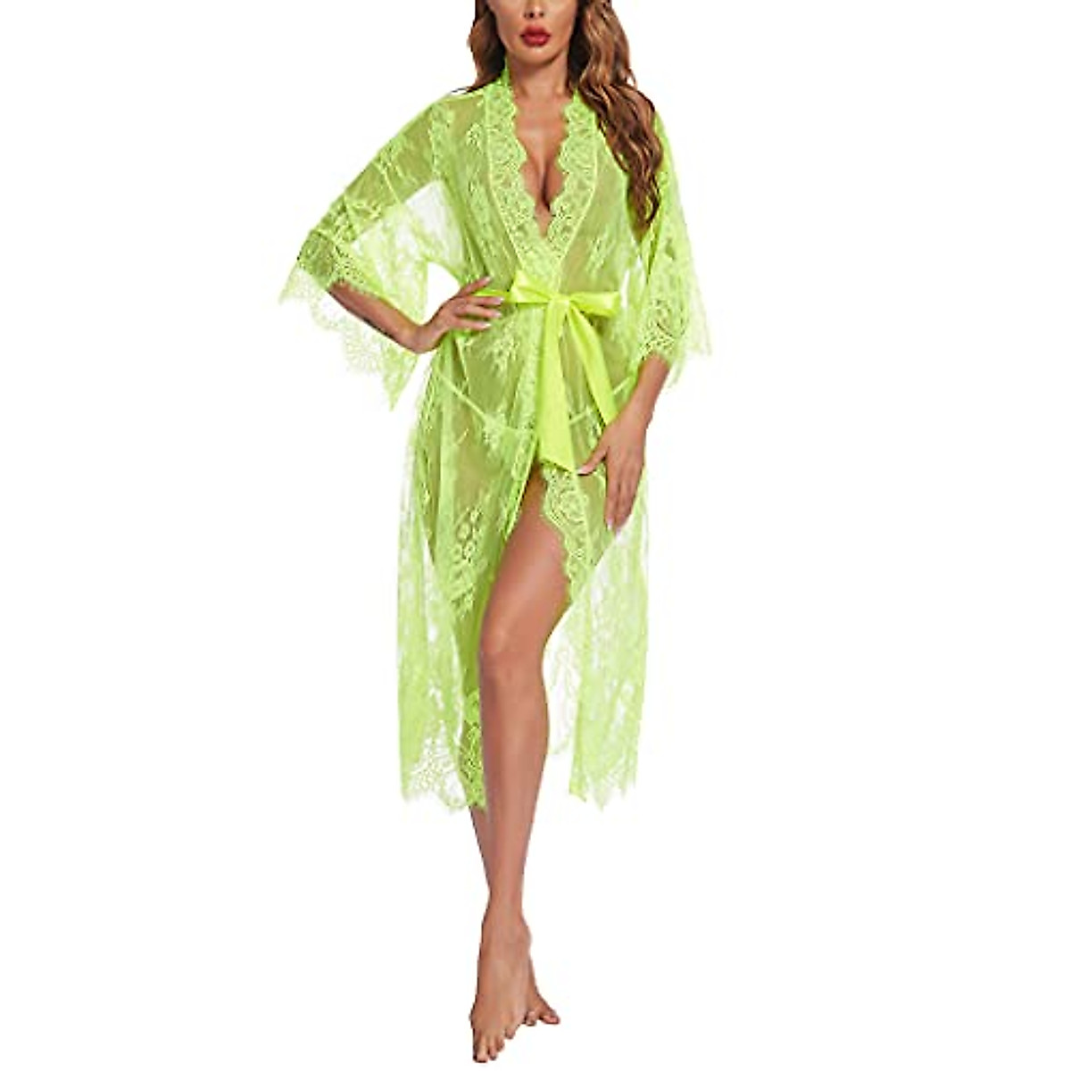 Avidlove Women Sexy Long Lace Lingerie Kimono Robe Sheer Babydoll Nightgown Nightdress Lemon Yellow