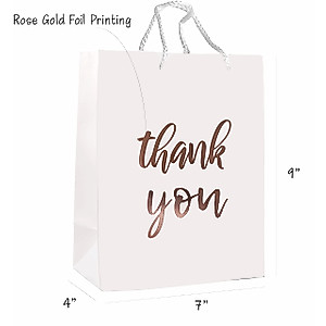 12 Pack Thank You Gift Bags - Elegant Paper Gift Bags With ‘’Thank You’’ Embossed In Rose Gold Foil Letters - Perfect For Birthday Party, Wedding Party, Paper Favor Bags 4"x 7"x 9" Inches - White