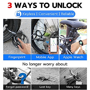 eLinkSmart Fingerprint Cable Lock, 4.9FT Long Heavy Duty Anti Theft Bike Lock, Weatherproof Keyless Electronic Digital Biometric Bluetooth Smart Lock for Bicycle Scooter Lawnmower Skateboard - Black