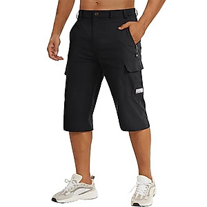 TACVASEN Capri Pants for Men Black Cargo Shorts Men Outdoor Quick Dry Shorts for Men Water-Resistant Workout Shorts with Zipper Pockets