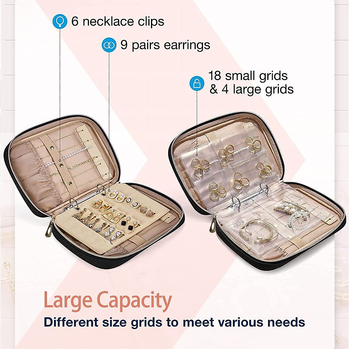 Travel Jewelry Organizer LAEDO Case Transparent Storage Book with Pockets Portable Bag Ring Binder Zipper Pouch for Necklace, Earrings, Rings, Bracelet, Black, One size