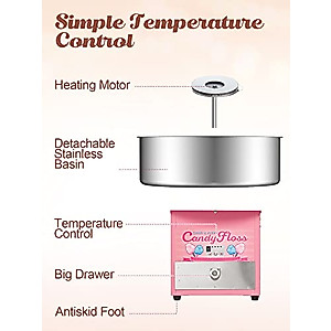 RIEDHOFF Cotton Candy Machine Commercial, Electric Cotton Candy Maker with 20 inch Stainless Steel Bowl for Family, Party, Amusement Park, Carnival- Pink