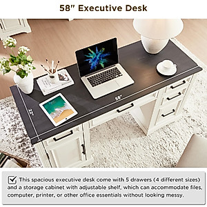 JXQTLINGMU 58" Executive Desk, Farmhouse Computer Desk with Drawers and Cabinet, Embossed Texture Home Office Desk, Workspace for Work Study Writing, Off White