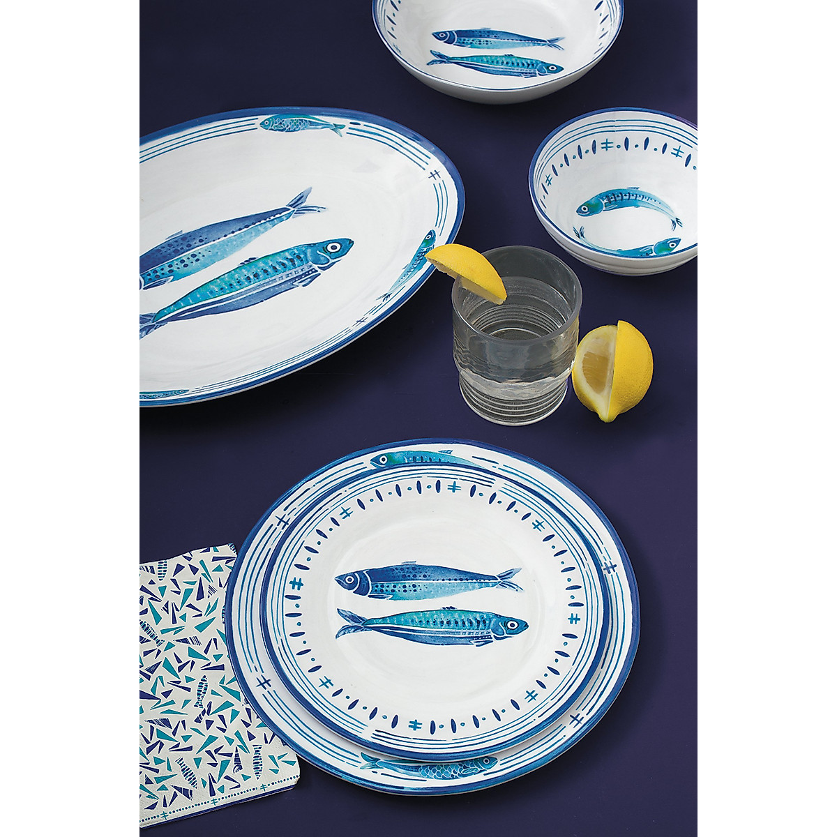 Le Cadeaux Santorini Melamine Oval Platter, 16 Inch, White and Blue