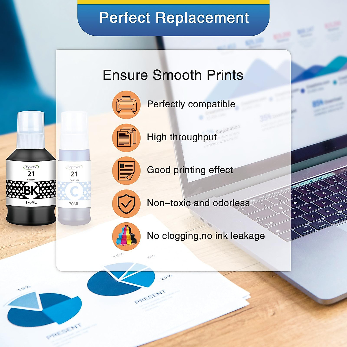 Topcolor GI-21 G3270 G3260 Ink Bottles Compatible for Canon 21 GI-21 GI21 Ink Refill Bottles Set, Compatible for Canon MegaTank G3270 G3260 G3290 G3272 G4280 G4270 G2270 G2260 G1220 G1230 Printer