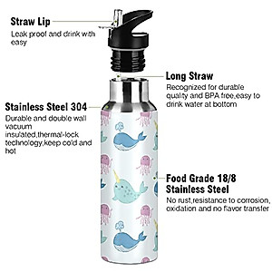 OREZI Jellyfish Whale And Narwhal Water Bottle Thermos with Straw Lid for Boys Girls,600 ml,Leakproof Stainless-Steel Sports Bottle for Women Men Teenage