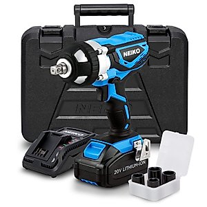 Neiko 10878A 1/2-Inch-Drive High-Torque Cordless Electric Impact-Wrench Kit with 20-Volt Lithium-Ion Charging Battery and 4 1/2-Inch-Drive Sockets