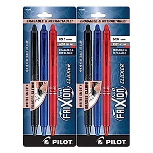 (2) Pilot Frixion Clicker Erasable Pen Black, Blue and Red Gel ink. 3 pack Bold, 1.0 mm, 11393