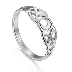 LIKGREAT Celtic Trinity Knot Moon Adjustable Ring Stainless Steel Band for Women (silver tone)