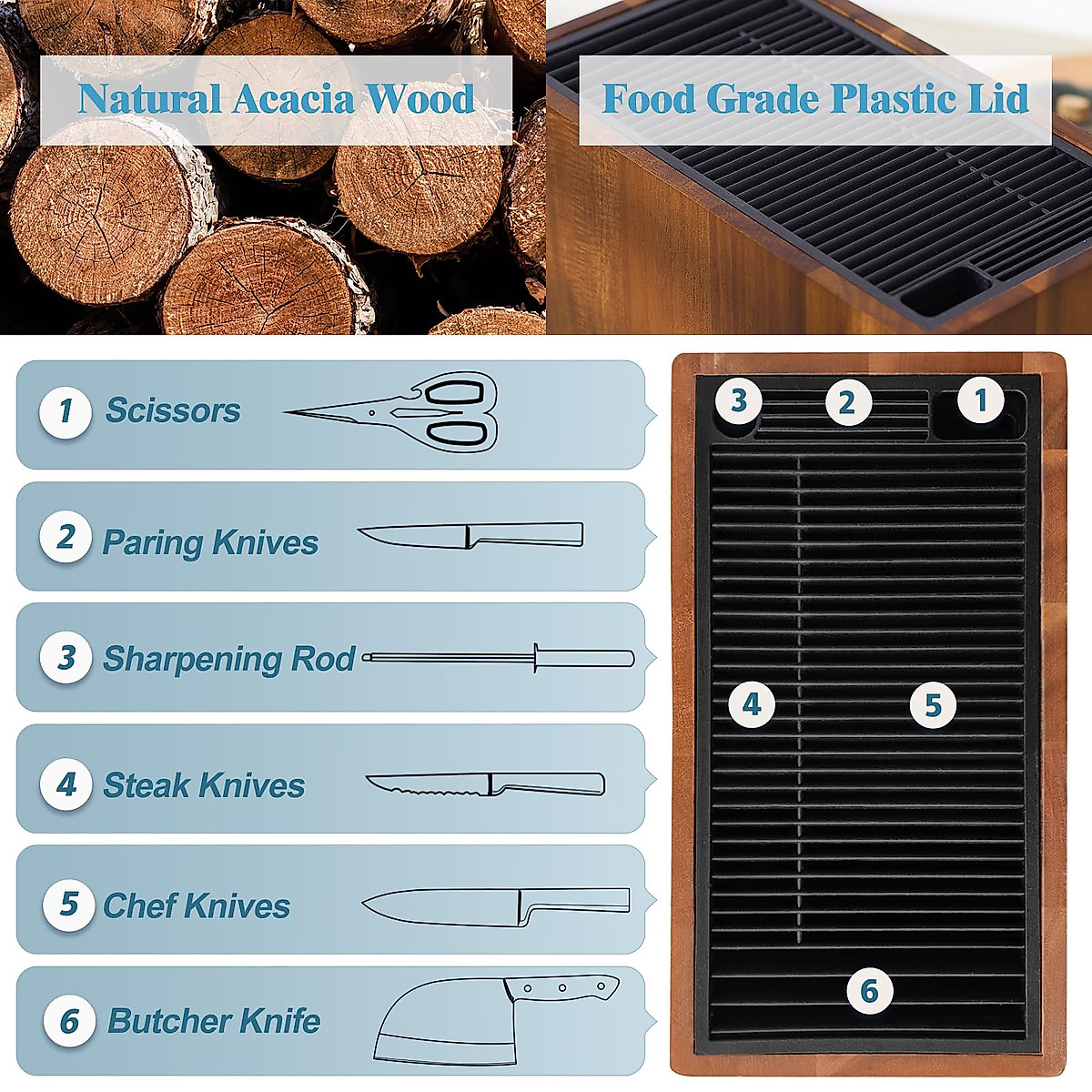 ENOKING XXL Acacia Wood Universal Knife Holder with Slots – Safe, Space-Saving Kitchen Knife Block with Blade-Protecting Slots for Scissors, Sharpening Rod, and Knife Storage Organizer