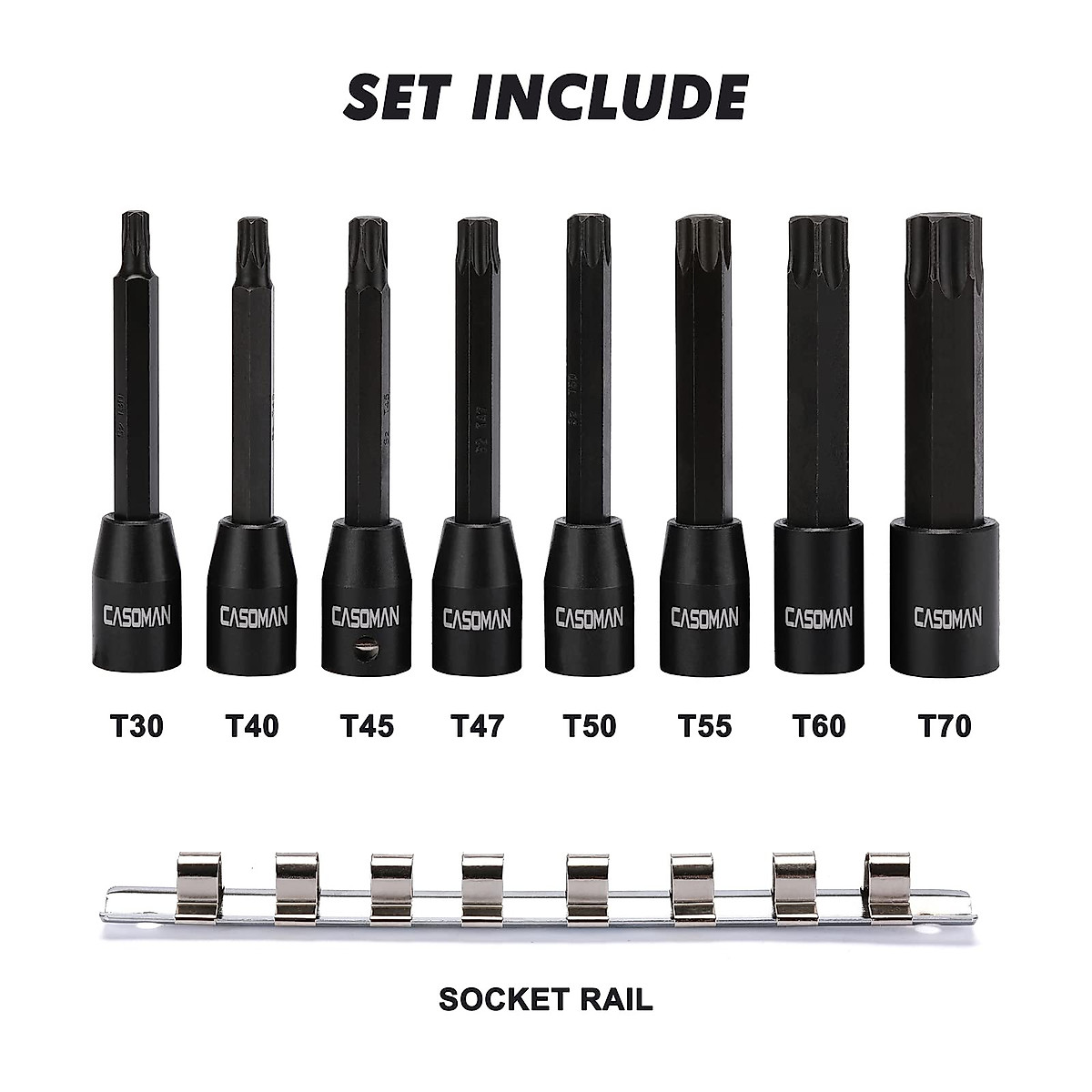 CASOMAN 8 Piece 3/8” Drive Extra Long Torx Star Bit Socket Set, T30-T70, S2 Steel, 3.5-inch Length Torx Bit in 3/8-inch Dr.