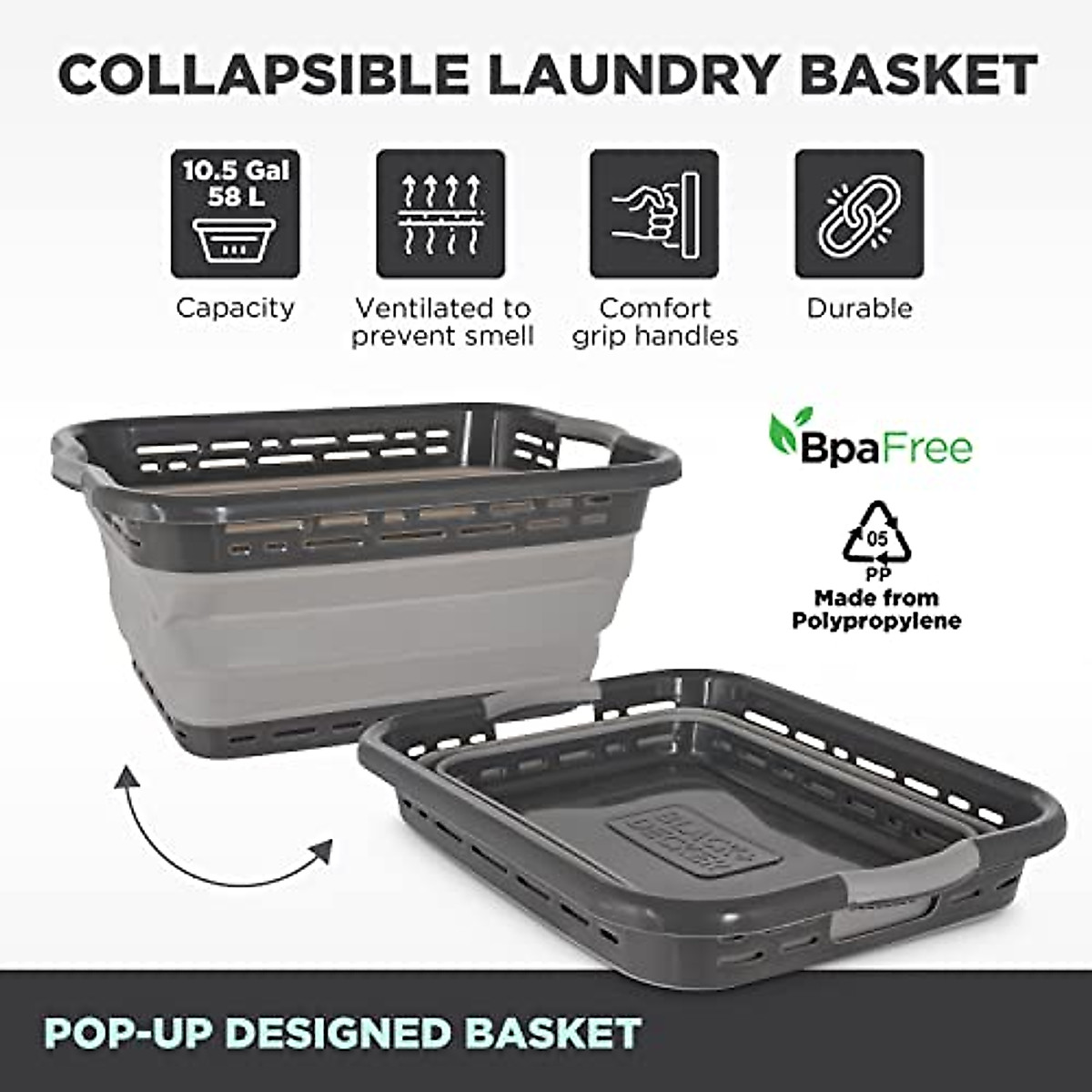 BLACK+DECKER 1 Large 25" Slim Collapsible Laundry Basket - Portable & Space-Saving Basket with Dual Comfort Grip Handles - Ideal for Laundry, Towels, Blankets & More in Small Spaces & Travel, Black