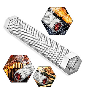 FixtureDisplays® Smoker Tube Stainless Steel BBQ Gas Grill Smoker Tube Mesh Tube Pellets Smoke Box Barbecue Accessory (2 inches Hex 11.8 inches Length) 15742-NF