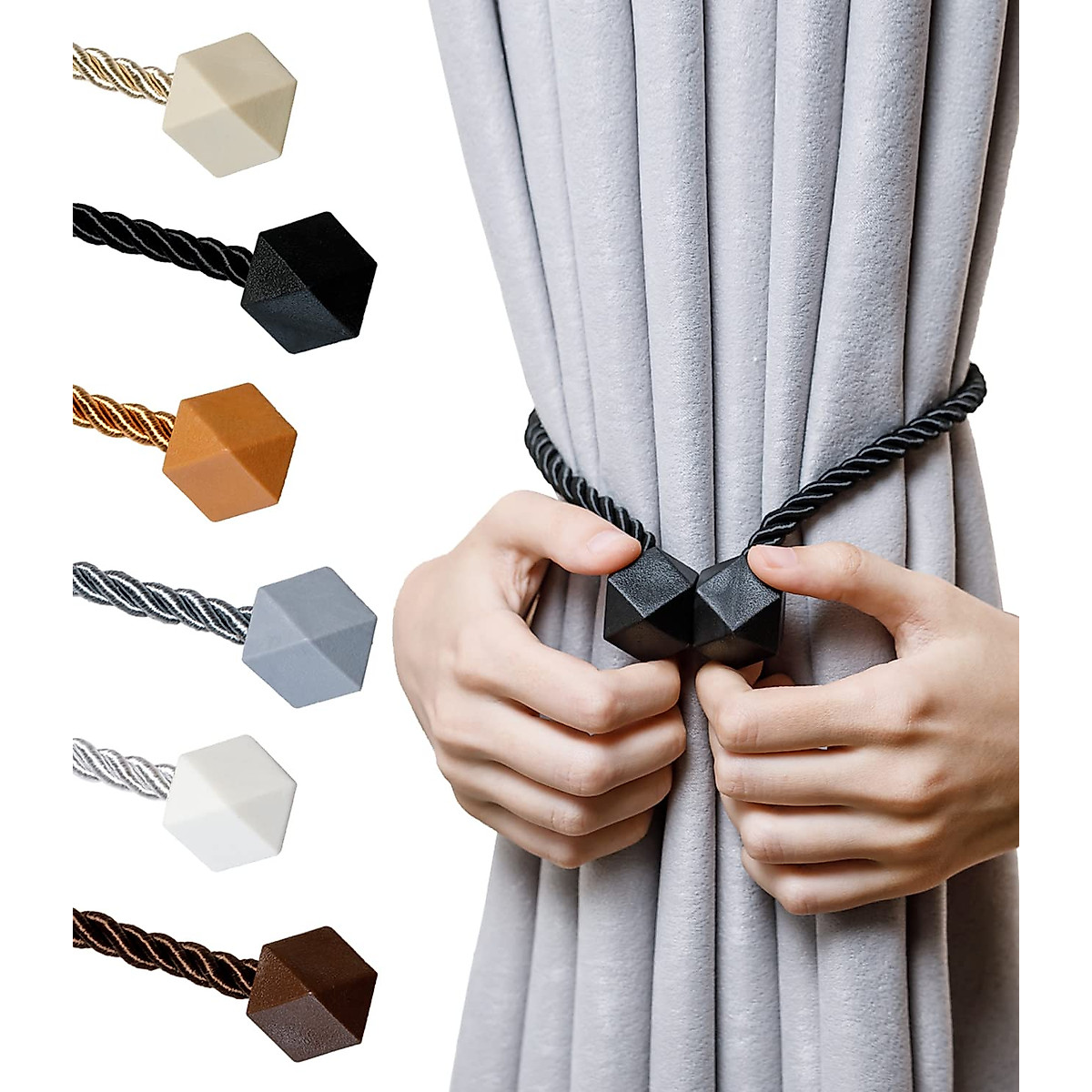 NazTur Magnetic Curtain Tiebacks- Upgrade 2022 with a Thicker Twist Rope & Strong Magnet Tieback Window Treatment Holdbacks Draperies Holders Decorative Drape Handmade Tie Back (Black, 4)