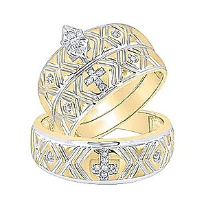 Dazzlingrock Collection 0.14 Carat Marquise & Round White Diamond Intricate Cross Design Trio Ring Set in 14K Yellow Gold, Women size 10 and Mens size 10