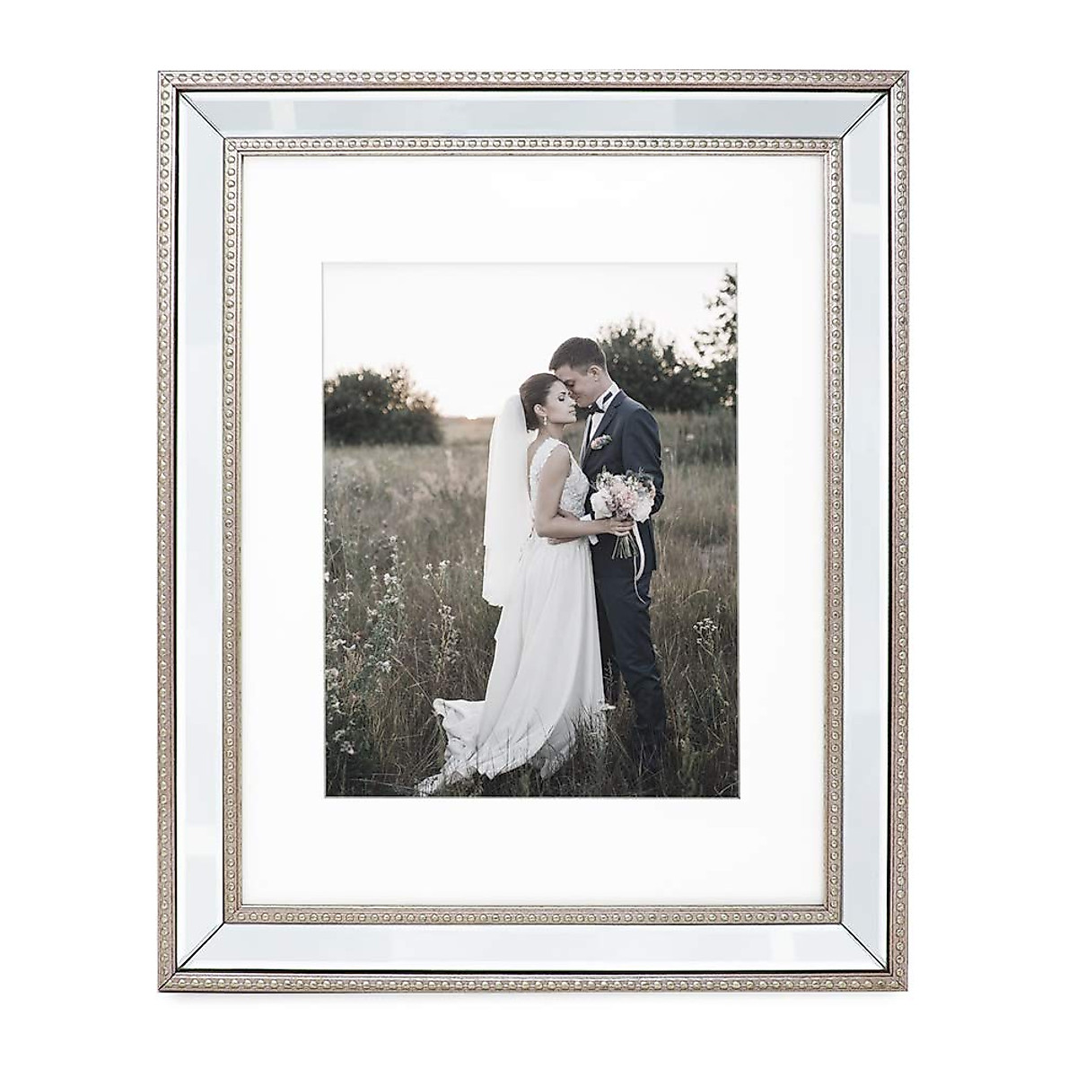 Laura Ashley 11x14 (Matted 8x10) Champagne Mirror Bead Picture Frame, Classic Mirrored Frame with Beaded Border, Wall-Mountable, Made for Photo Gallery and Wall Art, (11x14 (Matted 8x10), Champagne)