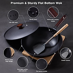 Teewe Carbon Steel Wok -13 Inch Woks & Stir-fry Pans Nonstick, Wok Pan with Lid Spatula and Dish Brush: Pre-Seasoned Flat Bottom Chinese Wok for Induction, Electric, Gas, All Stoves