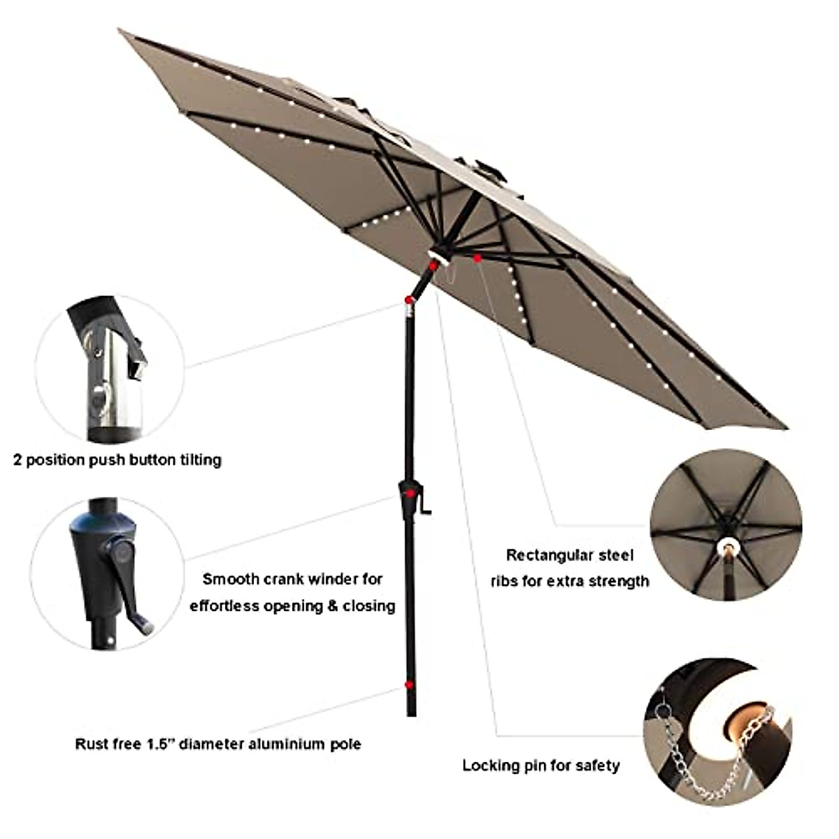 C-Hopetree 10 ft Outdoor Patio Market Table Umbrella with Solar LED Lights and Tilt, Taupe