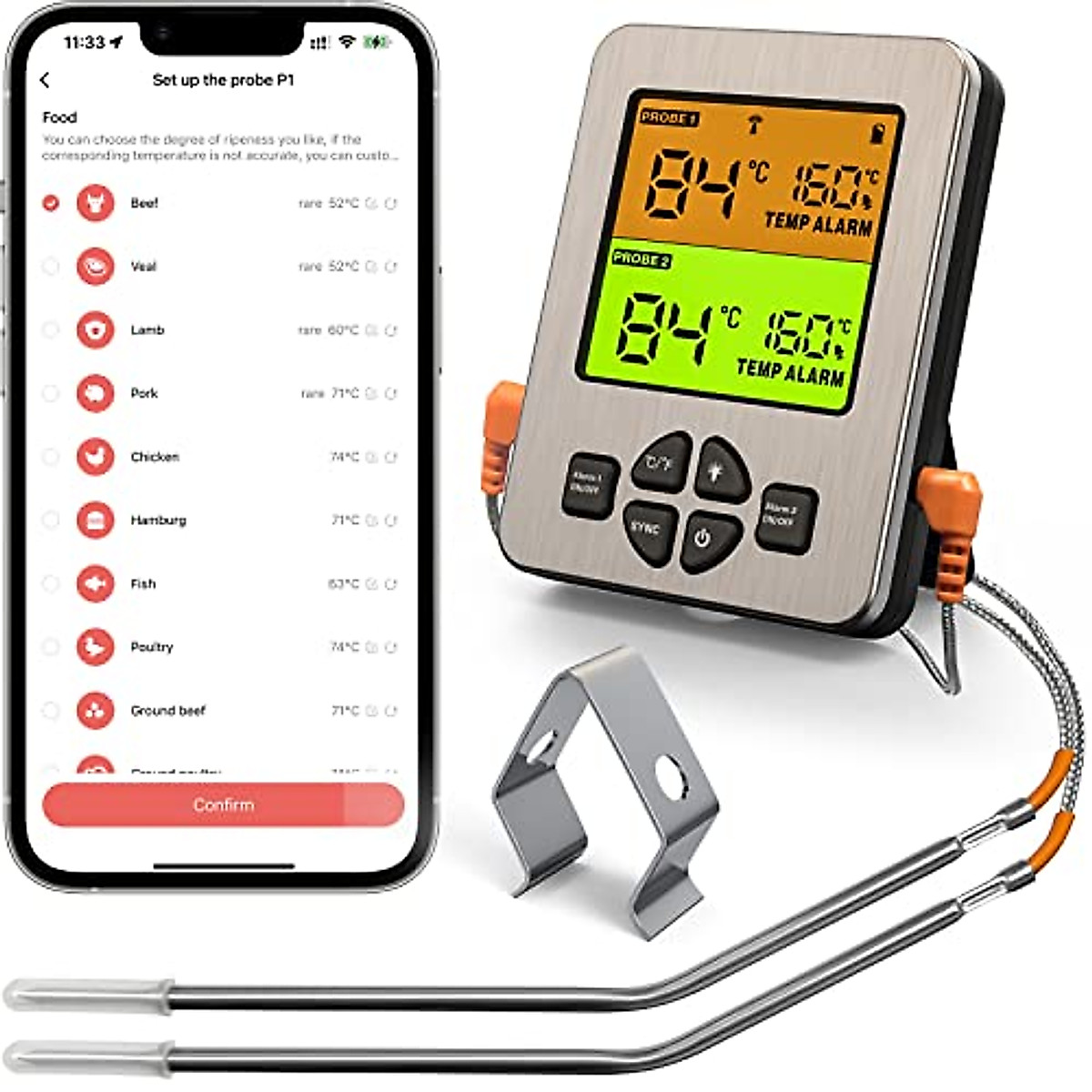 NEXMEE Bluetooth Grill Thermometer, Digital Wireless BBQ Meat Thermometer, Grill Thermometer with 2 Probes, Roast Thermometer with Magnet for Kitchen, Oven, Grill, Steak