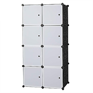 Trlec 20 Cube Organizer Stackable Plastic Cube Storage Shelves Design Multifunctional Modular Closet Cabinet with Hanging Rod White Doors and Black Panels