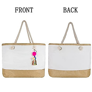 Hibala Large Beach Bag Beach Tote Weaving Shoulder Bag Tassel Bag Handbag with Pockets Zippers for Family Beach Vacation (Classic Tassel)