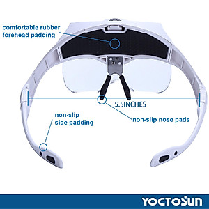YOCTOSUN Magnifying Glasses with Light, Head Mount Magnifier with 5 Lenses, Headband, Storage Case, Hands Free LED Lighted Head Magnifying Visor for Close Work Hobby Crafts