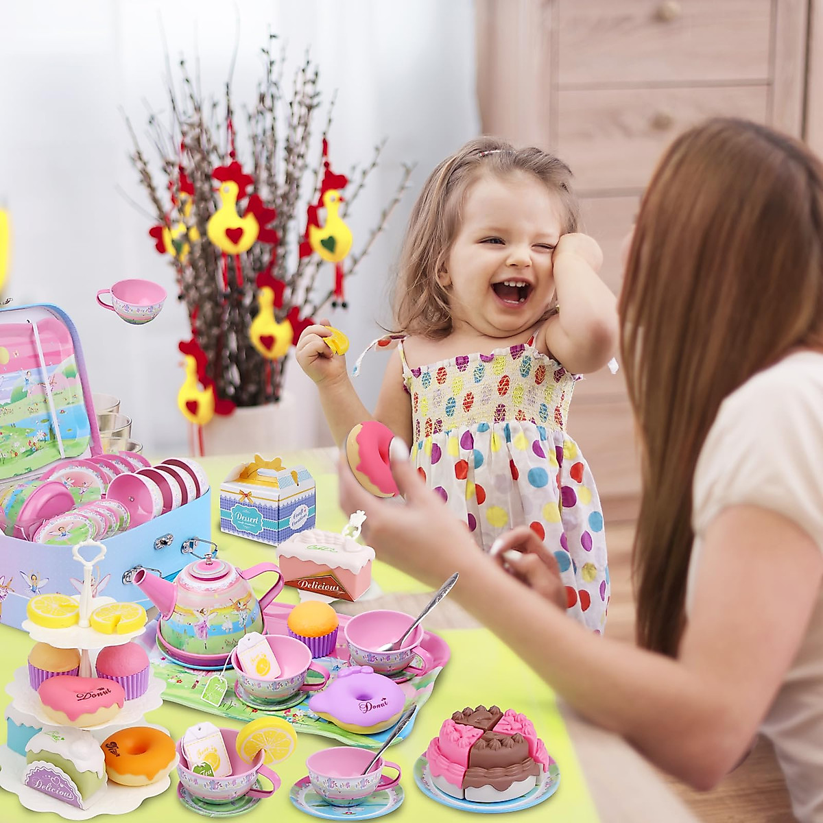 Tea Set for Little Girls,PRE-WORLD 50PCS Princess Tea Party Time Toy Including Dessert,Cookies,Doughnut,Teapot Tray Cake, Tablecloth & Carrying Case,Kids Kitchen Pretend Play for Girls Boys Age 3-6