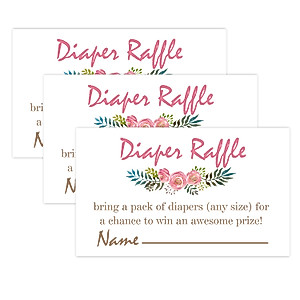 Pink Flowers Diaper Raffle Tickets for Baby Shower Invitation Inserts - 50 Baby Shower Game Cards.