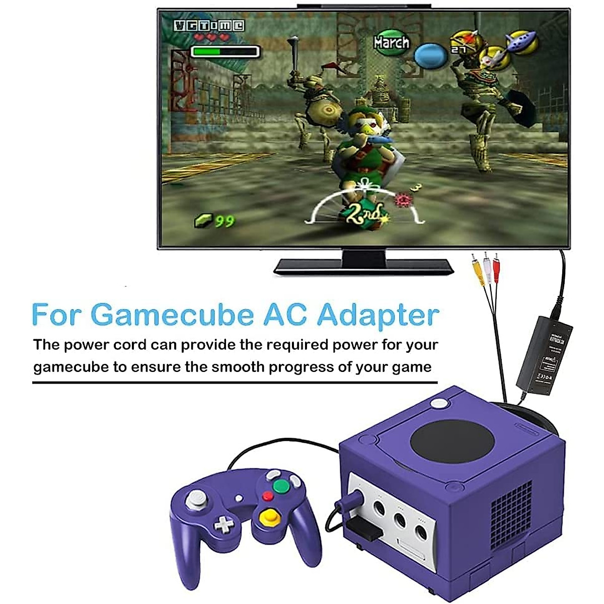 GameCube Power Cord for Nintendo NGC Console System - 12V AC Adapter, AV Cable, DC Power Supply, OEM Replacement Charger for Game Cube & Nintendo 64
