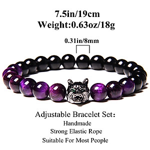 HESHPAWS Wolf Head Charm Amethyst Crystal Bracelet 8mm Round Beads Tiger Eye Bracelets Energy Lava Stone Beaded Bracelets