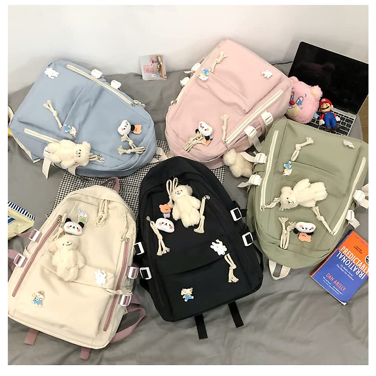 Timtram Kawaii School Backpack, Cute Aesthetic Backpack, Cute Kawaii School Backpack, for Teen Girl Boy Aesthetic, Bag for Laptop School College Free Plush Pendant & Pins (Green)