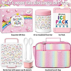 Fimibuke Kids Bento Snack Lunch Box with 4 Compartment, Insulated lunch Bag, Stainless Steel Vacuum Thermos Food Jar, Ice Pack, Utensils Set, Birthday Gift for Age 3-12 Back to School Toddler Girl Boy