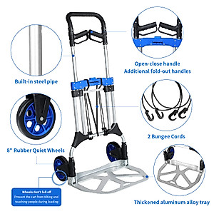 Folding Hand Trucks Heavy Duty by Leeyoung,500 lb Aluminium Folding Hand Cart Dolly with 8 inch Wheels (incl 2 Bungee Cords)