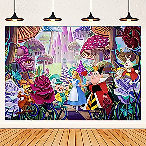 The Fantasy World of Alice Backdrop, 5 x 3 ft Alice in Wonderland Theme Banner Supplies, Tea Party Baby Shower Background for Birthday Party Cake Table Decoration