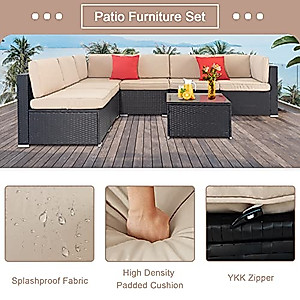 Crownland 7-Piece Outdoor Patio Furniture Sets, All-Weather Black Wicker Rattan Sectional Sofa, Modern Glass Coffee Table and Washable Seat Cushion with YKK Zipper (Beige)