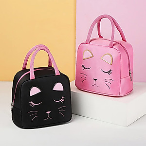 FEWOFJ Portable Insulated Lunch Bag for Kids Girls Cute Reusable Lunch Box for School Picnic Leakproof Lunch Tote Handbag(Black)