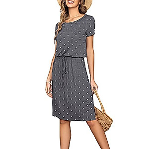 Women Summer Sleeve Pocket Modest Work Casual Midi Knee Dress Polka Dot Gray L