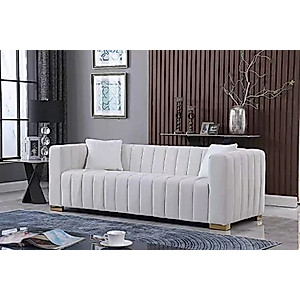 i-POOK 87" Chesterfield Sofa, Modern Velvet Channel Tufted Upholstered Sofa Couch with 2 Toss Pillows and Armrest 3 Seater Sofa with Metal Legs Accent Sofa for Living Room Office Apartment, White
