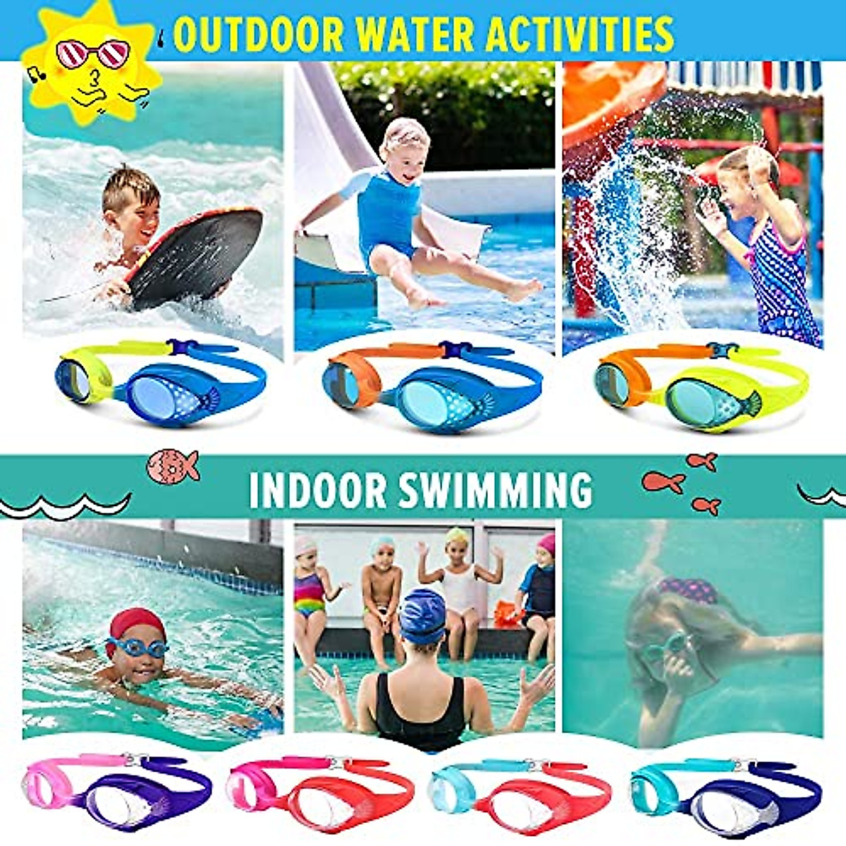 OutdoorMaster Kids Swim Goggles 2 Pack - Quick Adjustable Strap Swimming Goggles for Kids - F