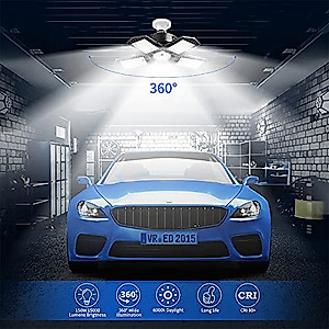 LED Garage Lights 2 Pack, 150W 15000 Lumens Daylight Garage Light, Deformable Garage Ceiling Lights with 5 Ultra Bright Adjustable Panels, E26/E27 LED Shop Lights for Workshop Barn Basement Warehouse