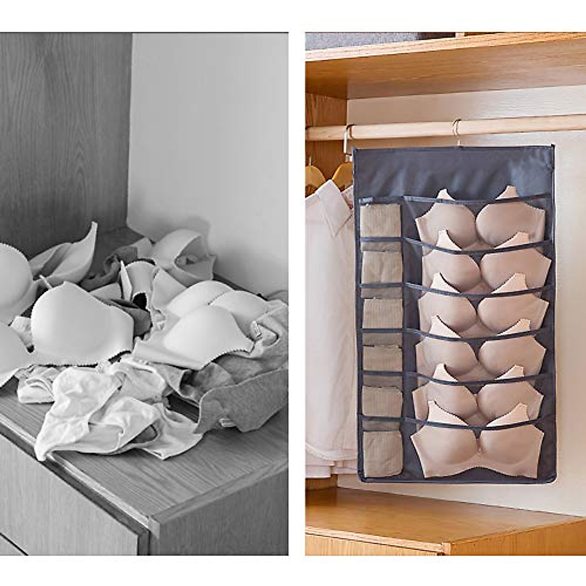 1 Piece Closet Hanging Organizer Storage Bags with Mesh Pockets and Rotating Metal Hanger Dual Sided Wall Shelf Wardrobe Organizers Storage Bags for Bra Underwear Underpants Socks(Gray, 24 Pocket)