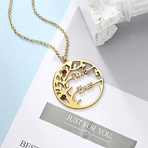 MRENITE 10k 14k 18k Solid Yellow Gold Personalized Name Family Tree Necklace with Birthstone –Dainty Nameplate Tree of Life Birthstone Pendant- Custom Any Name Gift for Womens Adults Mens (2 names)