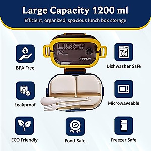 Cute colorful Blue & Yellow Bento Lunch Box containers with Detachable Divider, leakproof seal, Microwave and dishwasher safe (1200ml), with reusable utensils for your daily takeaway meals.