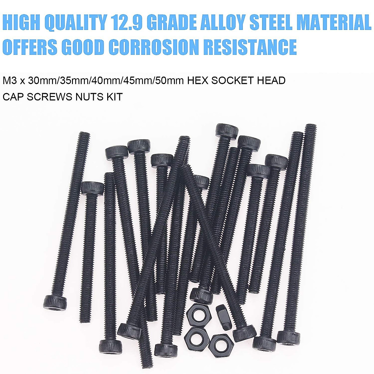 DYWISHKEY 200 Pieces M3 x 30mm/35mm/40mm/45mm/50mm, 12.9 Grade Alloy Steel Hex Socket Head Cap Bolts Screws Nuts Kit with Hex Wrench