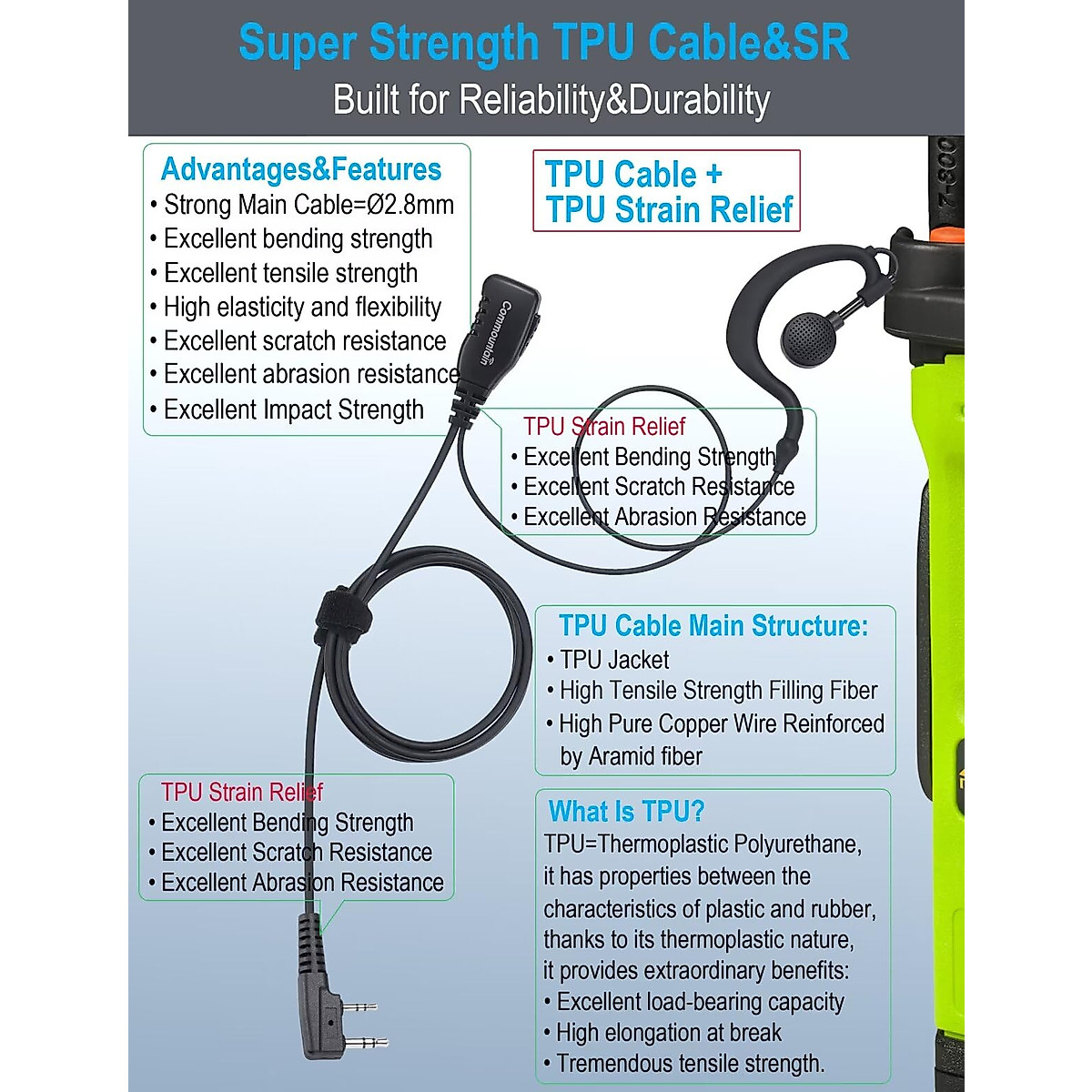 commountain Walkie Talkies Earpiece with Mic Compatible for Baofeng Radio BF-F8HP UV-82 UV-82HP UV-82C UV-5R UV-5X3 and Kenwood TK NX SAMCOM BTECH Retevis Radios, G-Shape Earhook Headset, 2 Pin Style
