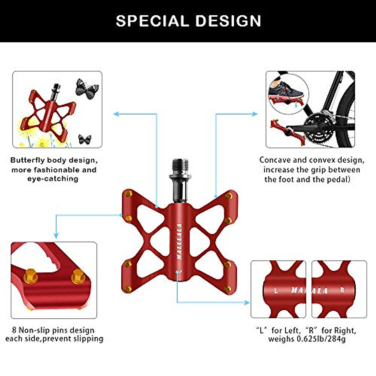 MALLLALA Mountain Bike Pedals,9/16" 3 Sealed Bearing Aluminum Alloy Bicycle Pedals, Bicycle Flat Pedals for BMX Bike,Road Bike, Butterfly Shape Design,16 Hexagonal Non-Slip Studs