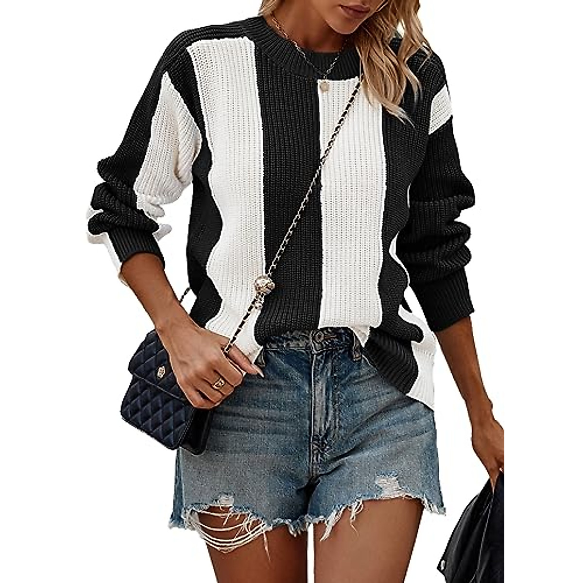 PRETTYGARDEN Women's 2023 Fall Knit Pullover Sweater Casual Long Sleeve Color Block Jumper Blouse Tops (Black,Large)